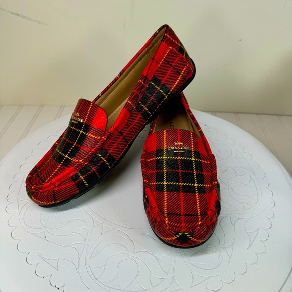 Coach | Shoes | Coach Marley Coated Canvas Red Black Plaid Loafers ...